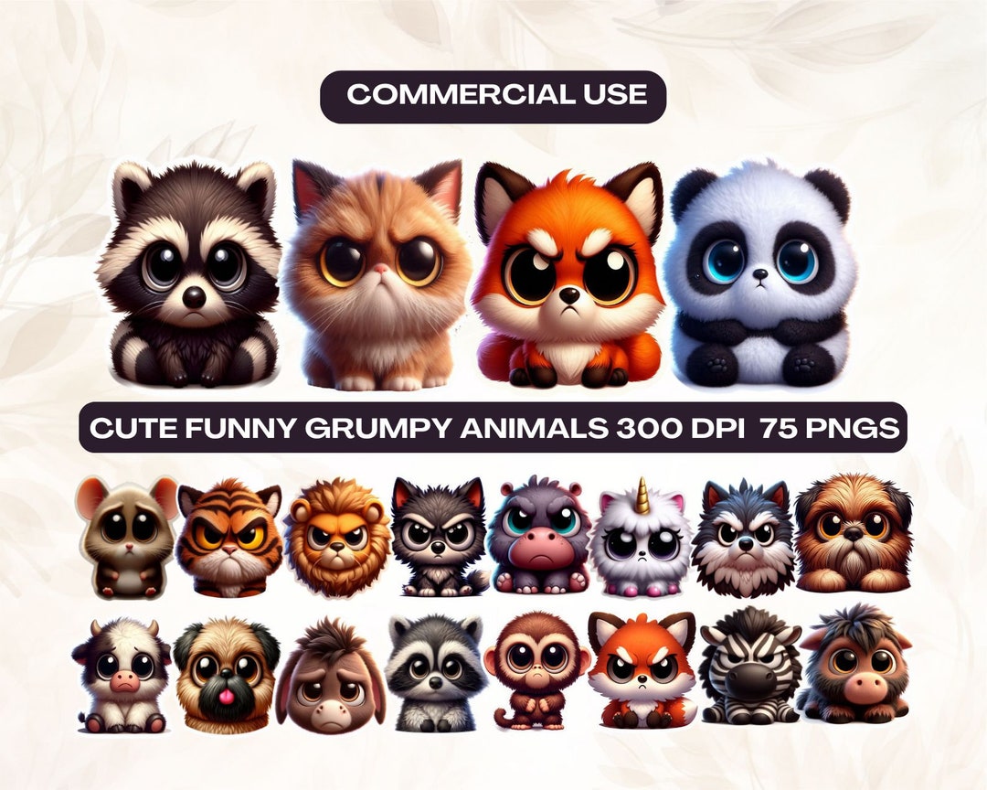 Grumpy Animals Clipart, Cartoon Pet PNG Prints (commercial Use, Digital ...