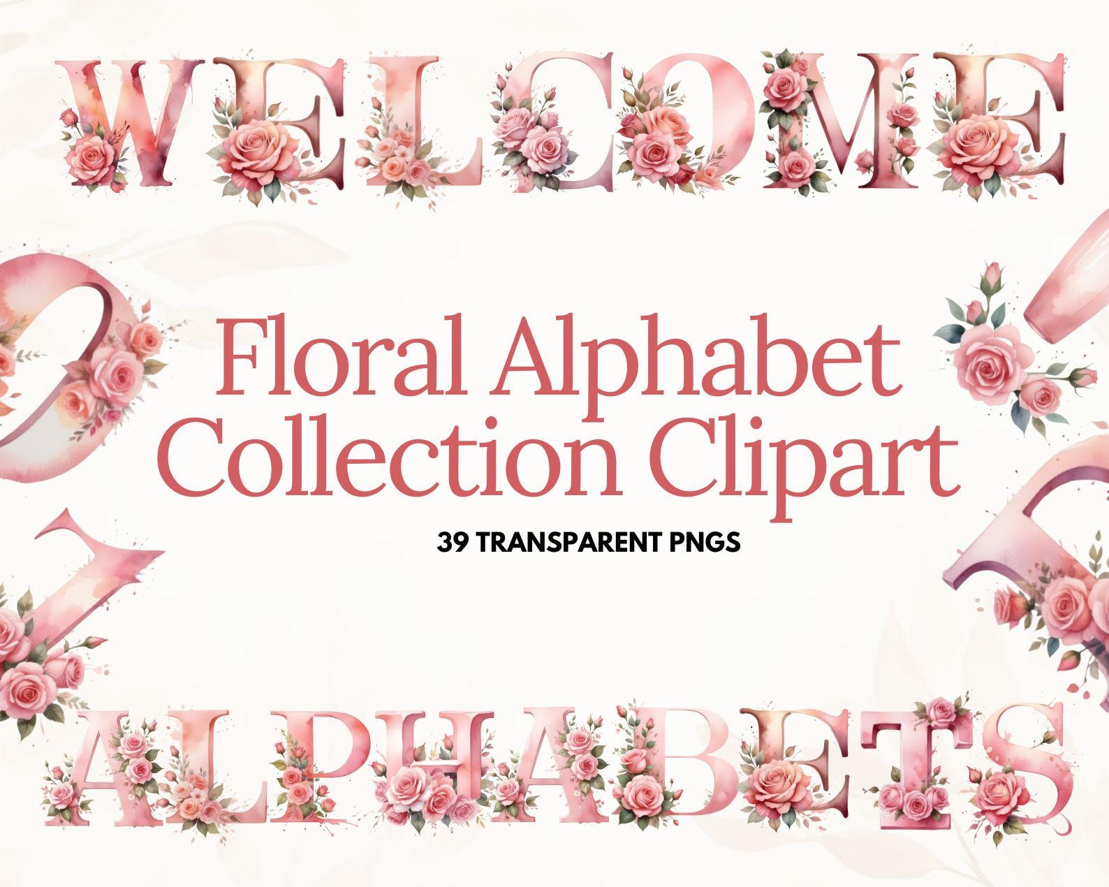 Alphabet Clipart - 37 PNG Pink Floral Letters Bundle, Baby Milestone ...