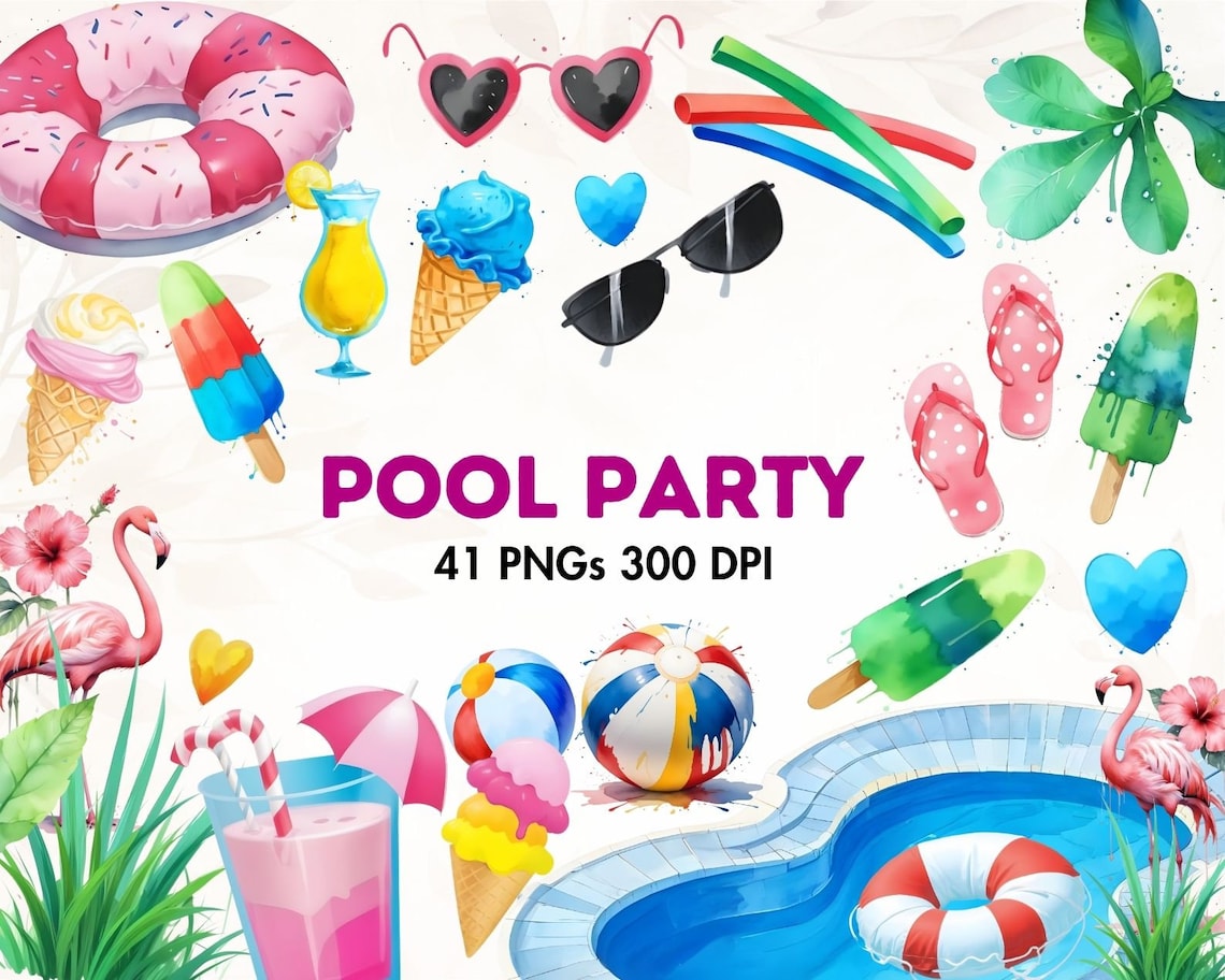 Summer Clipart - Watercolor Pool Party Clipart - Pool Clipart - Party ...