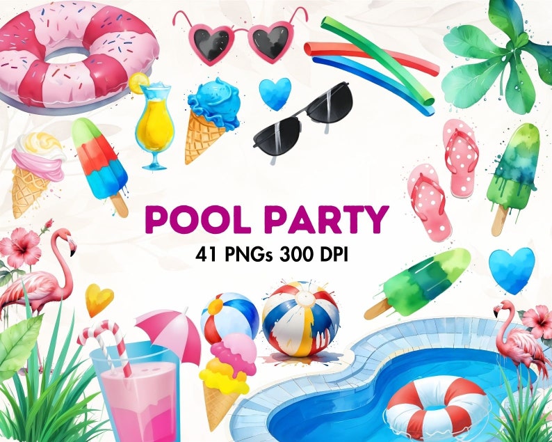 Summer Clipart - Watercolor Pool Party Clipart - Pool Clipart - Party ...
