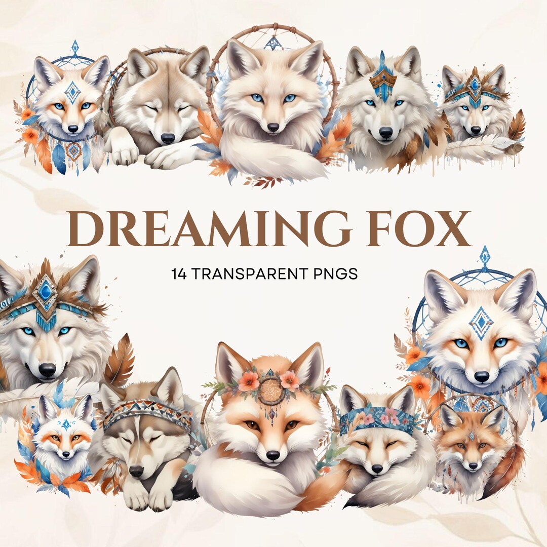 Dreaming Fox Clipart: Cute Boho Sleeping Foxes With Feathers & Dreamcatchers PNG Bundle, Instant ...
