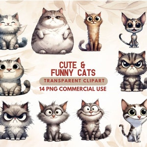 Printable Transparent Art Funny and Cute Cat Clipart PNG Bundle - 14 ...