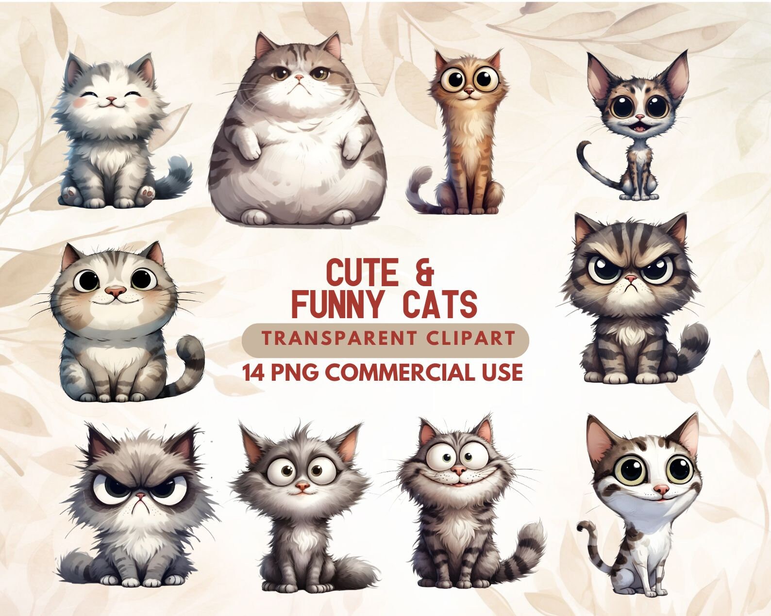 Printable Transparent Art Funny and Cute Cat Clipart PNG Bundle 14 ...