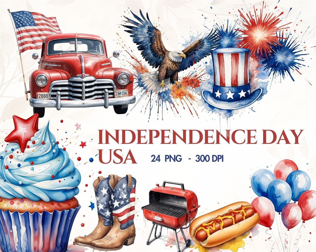 Watercolor 4th of July Clipart Bundle – Patriotic PNG Graphics (digital ...
