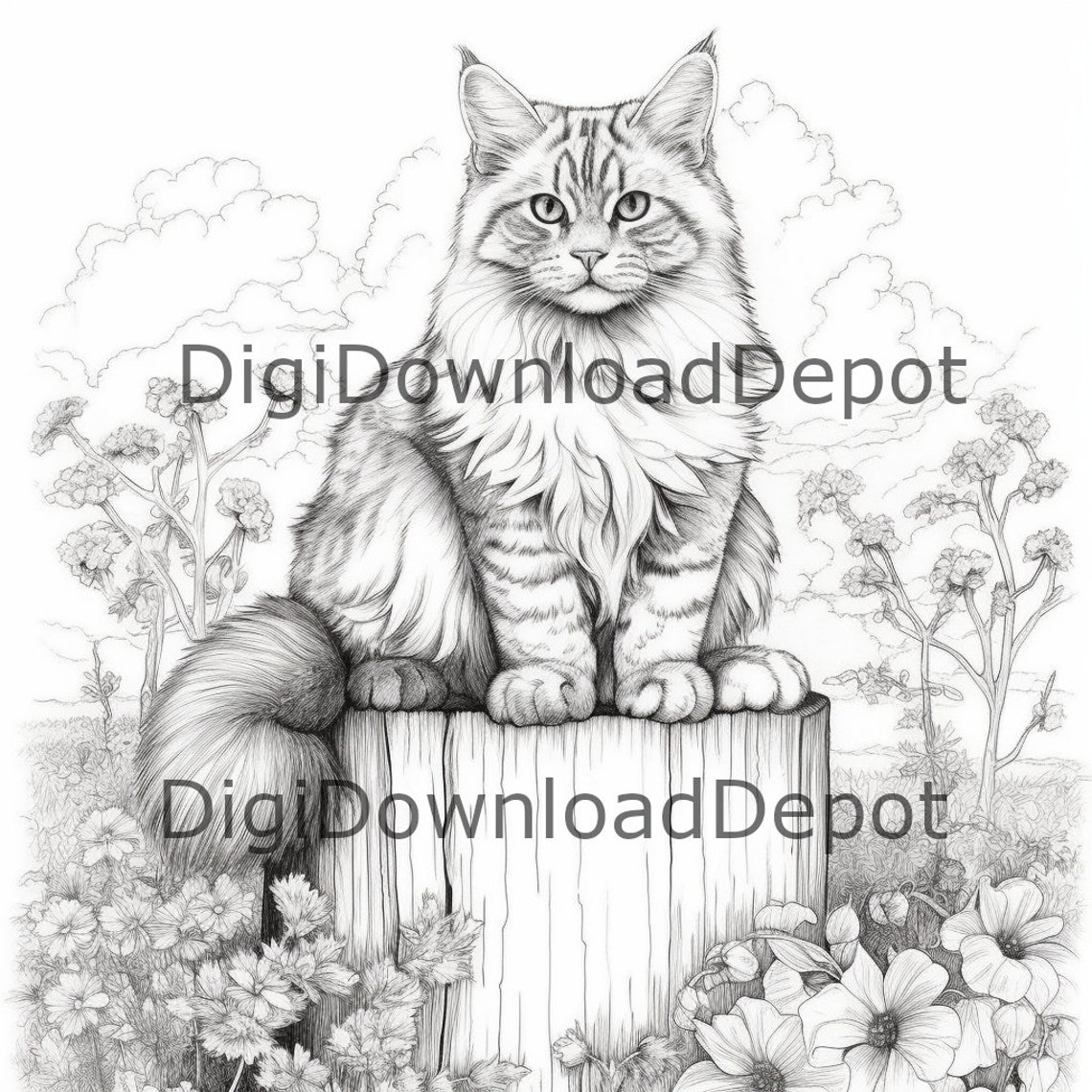 Cat Coloring Page, Maine Coon Cat, Tabby Cat, Adult Coloring Page ...