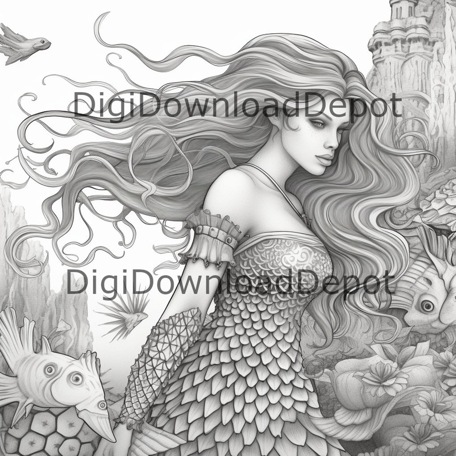 Mermaid Coloring Pages, Adult Coloring Book, Coloring Page, Mermaid - Etsy