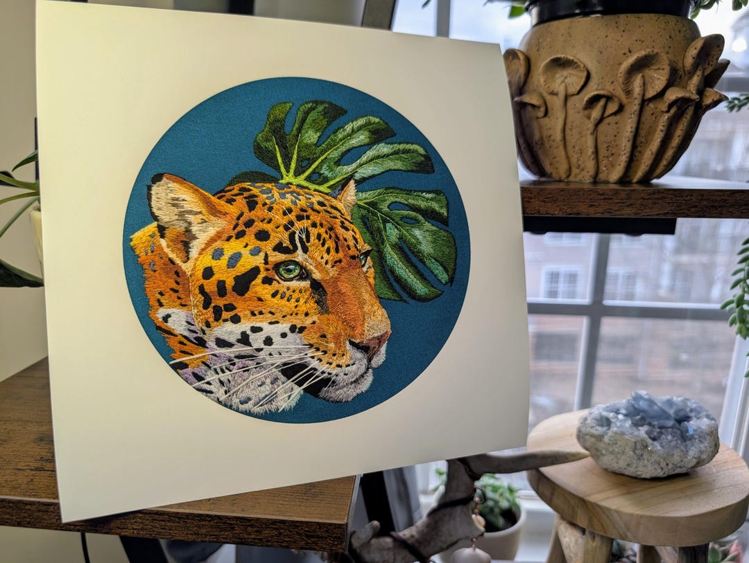 Jaguar Hand Embroidery Art Print, 8x8 Archival Matte Print, True to ...