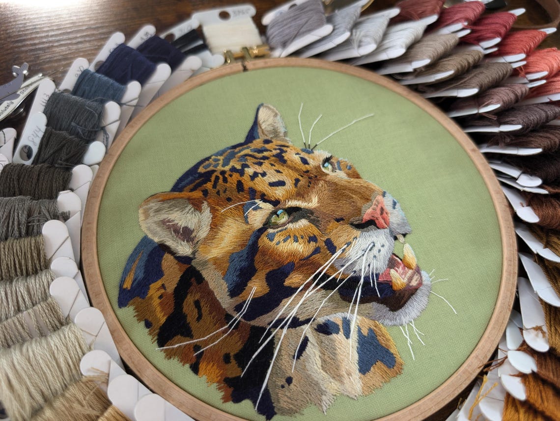 Clouded Leopard "masala" Embroidered Art, Ready to Hang Embroidery ...