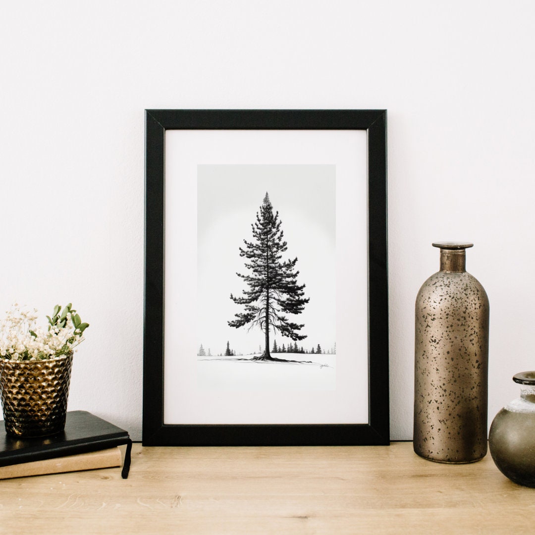 Simplistic Fir Tree Sketch Art | Landscape Monochome Drawing Wall Art ...