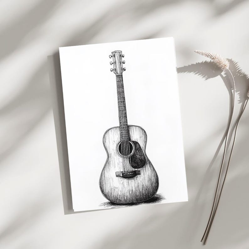 Simplistic Acoustic Guitar Sketch Art | Minimalist Music Line Drawing ...