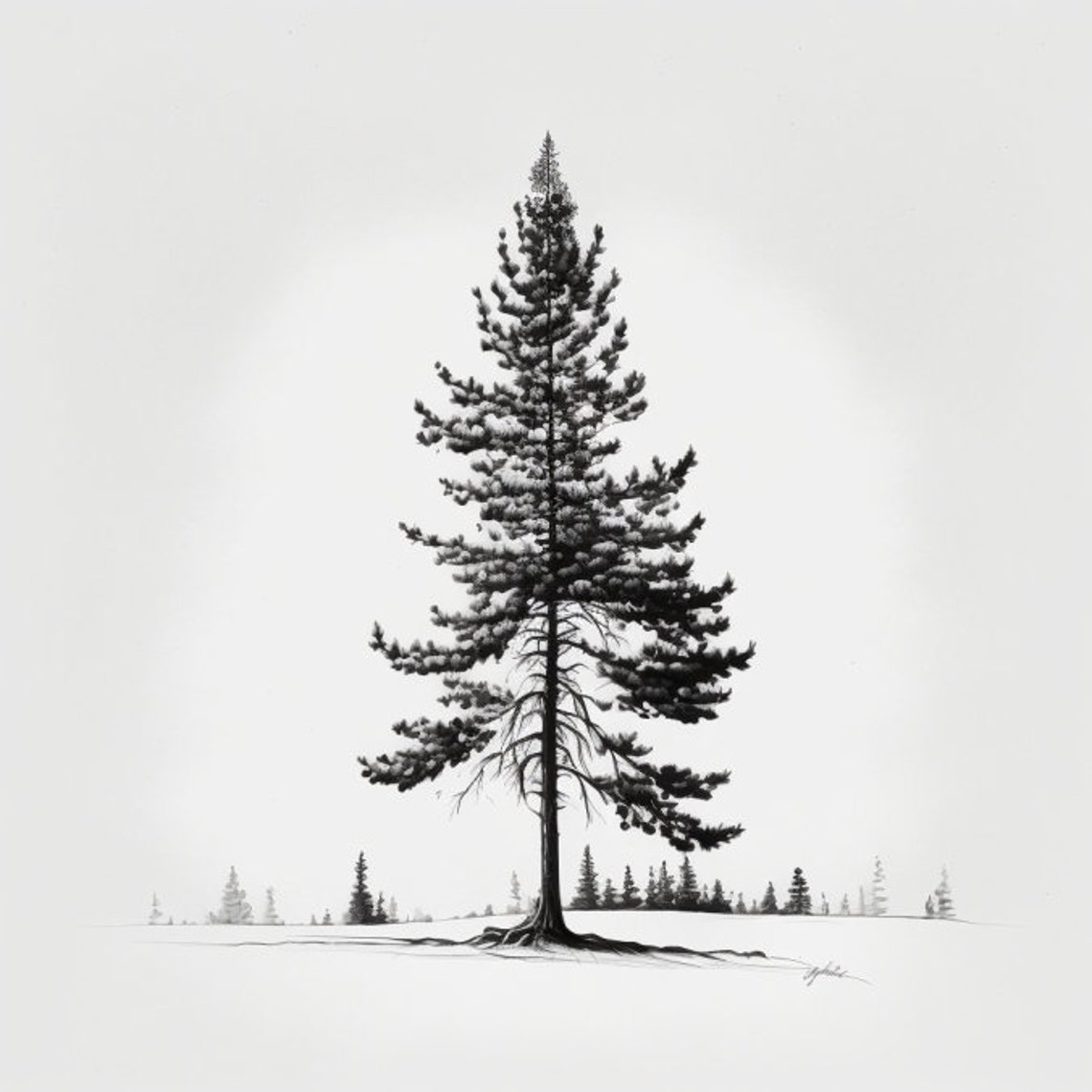 Simplistic Fir Tree Sketch Art | Landscape Monochome Drawing Wall Art ...