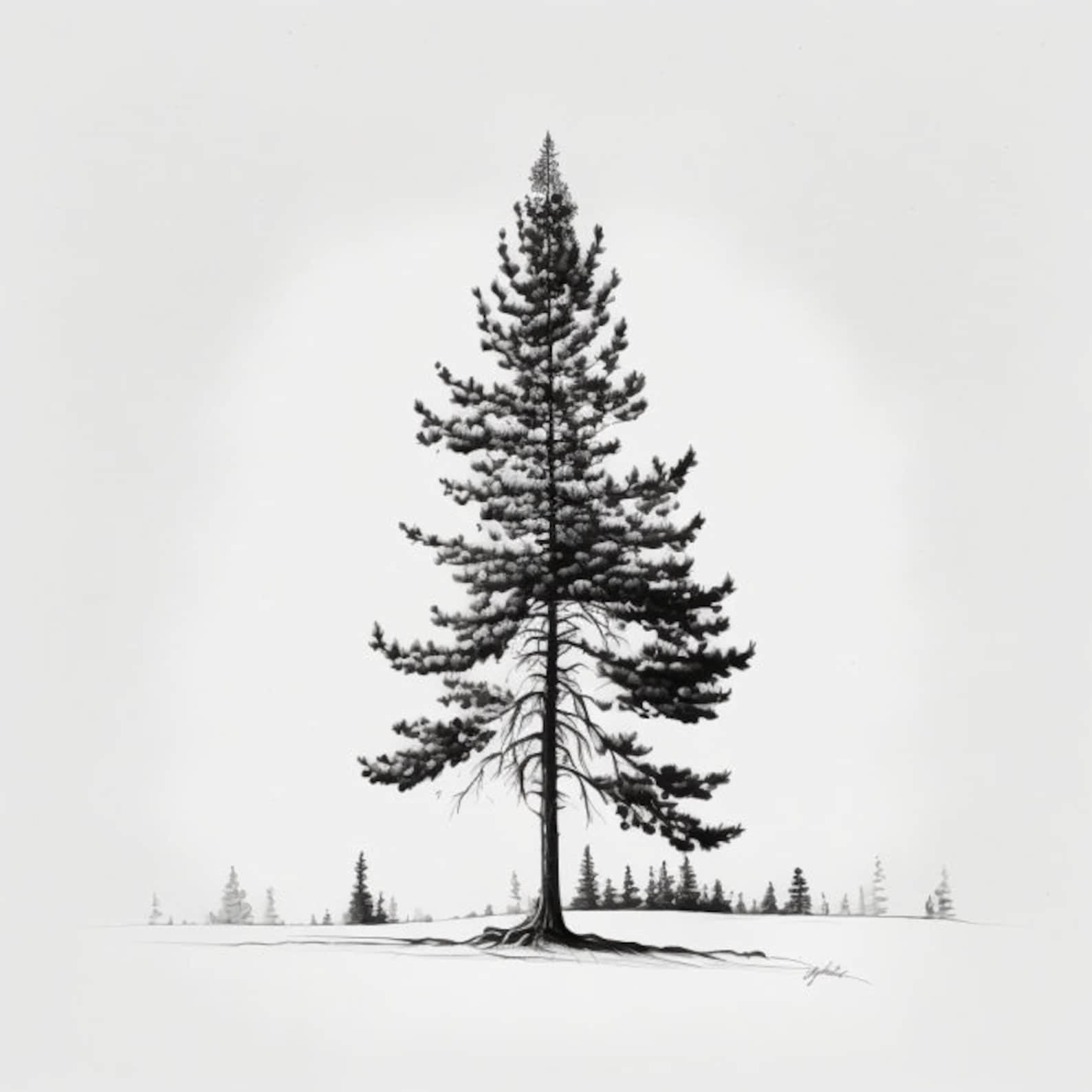 Simplistic Fir Tree Sketch Art | Landscape Monochome Drawing Wall Art ...
