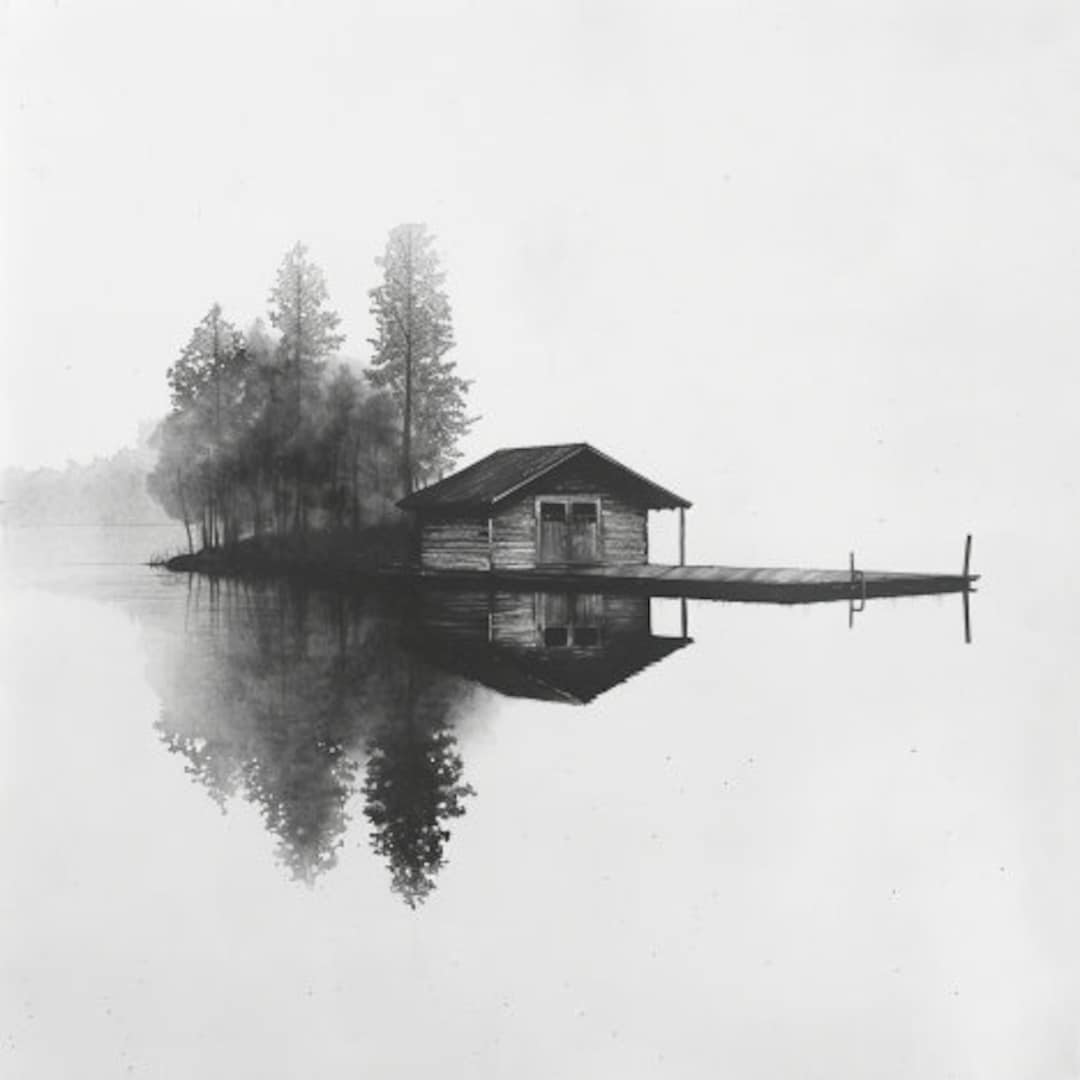 Simplistic Lake Cabin Sketch Art | Minimalist Landscape Drawing | Wall ...