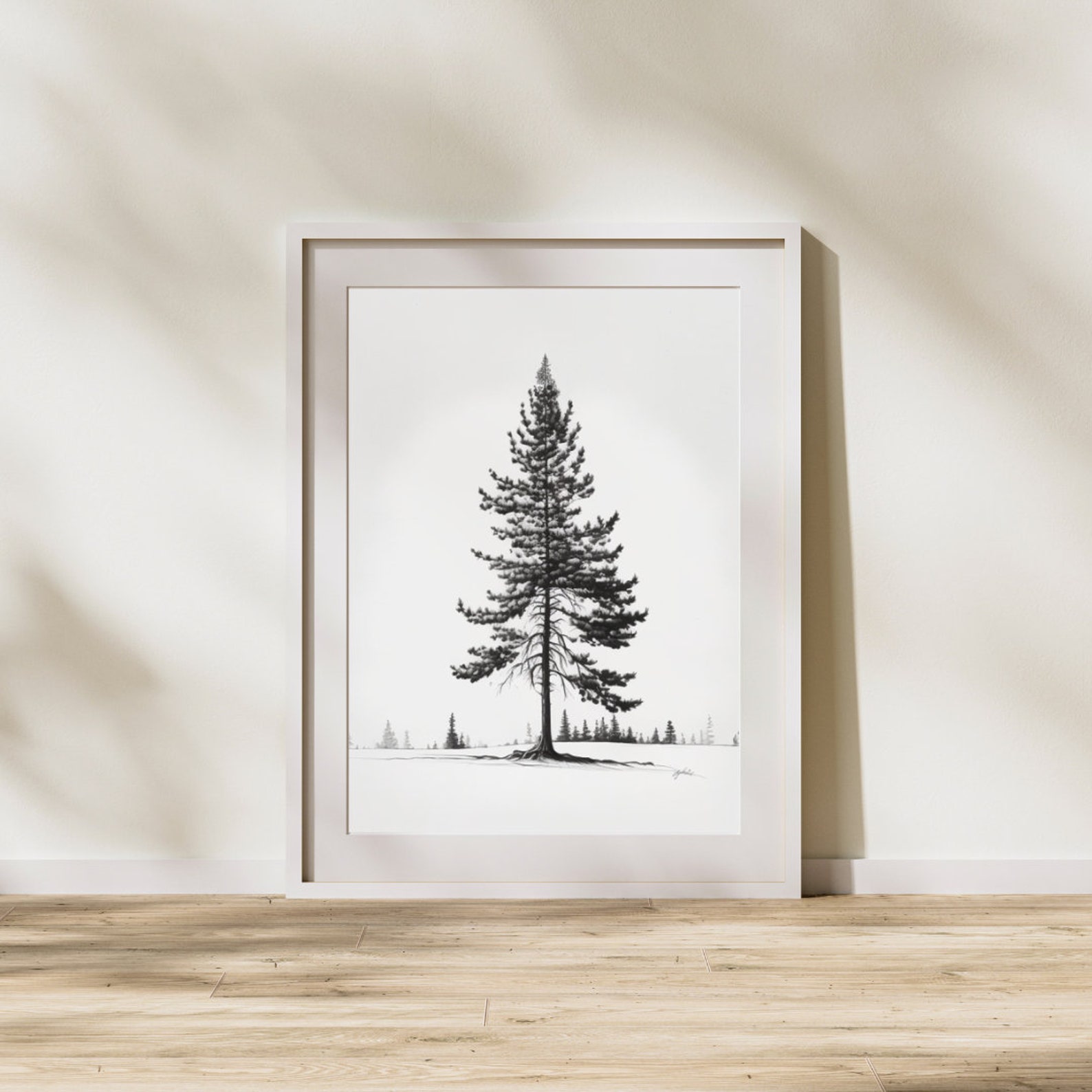 Simplistic Fir Tree Sketch Art | Landscape Monochome Drawing Wall Art ...