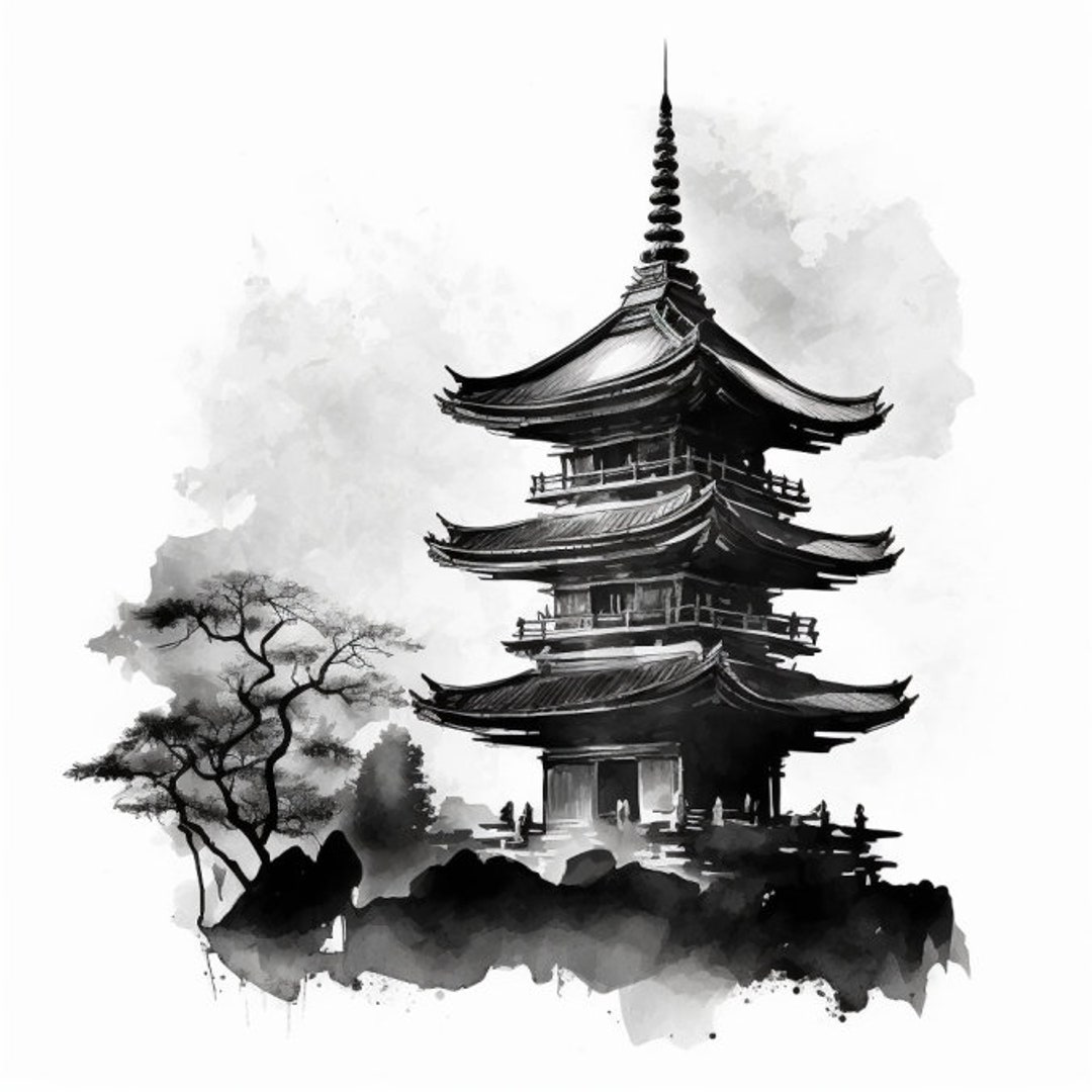 Simplistic Japanese Pagoda Sketch Art | Landscape Monochome Drawing ...