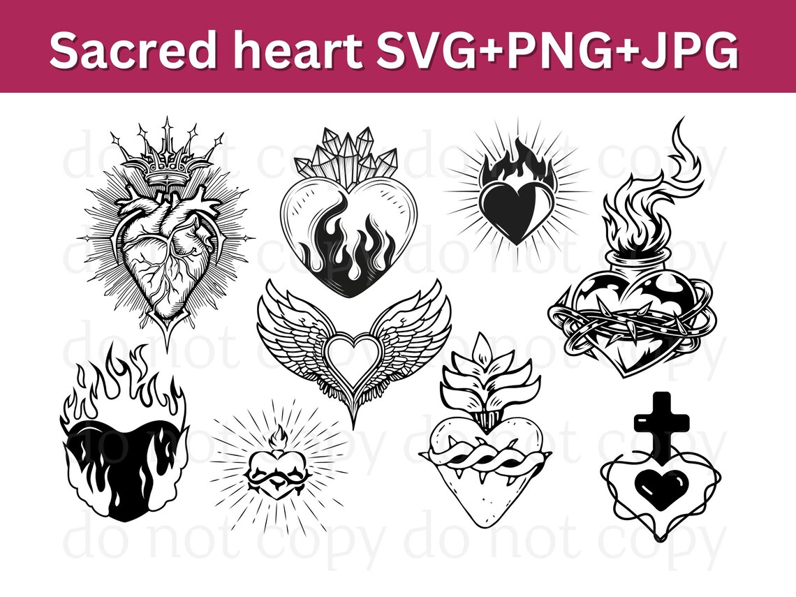 Sacred Heart SVG Bundle & Jesus Heart PNG, Hand Drawn Sacred Heart ...