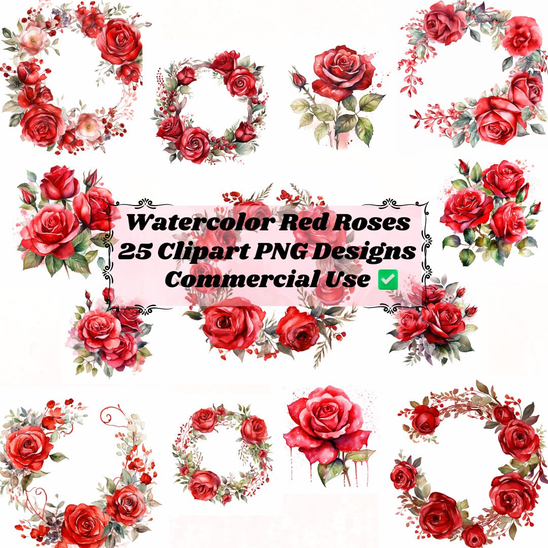 Watercolor Red Roses Clipart - Roses and Wreaths in PNG Format for ...