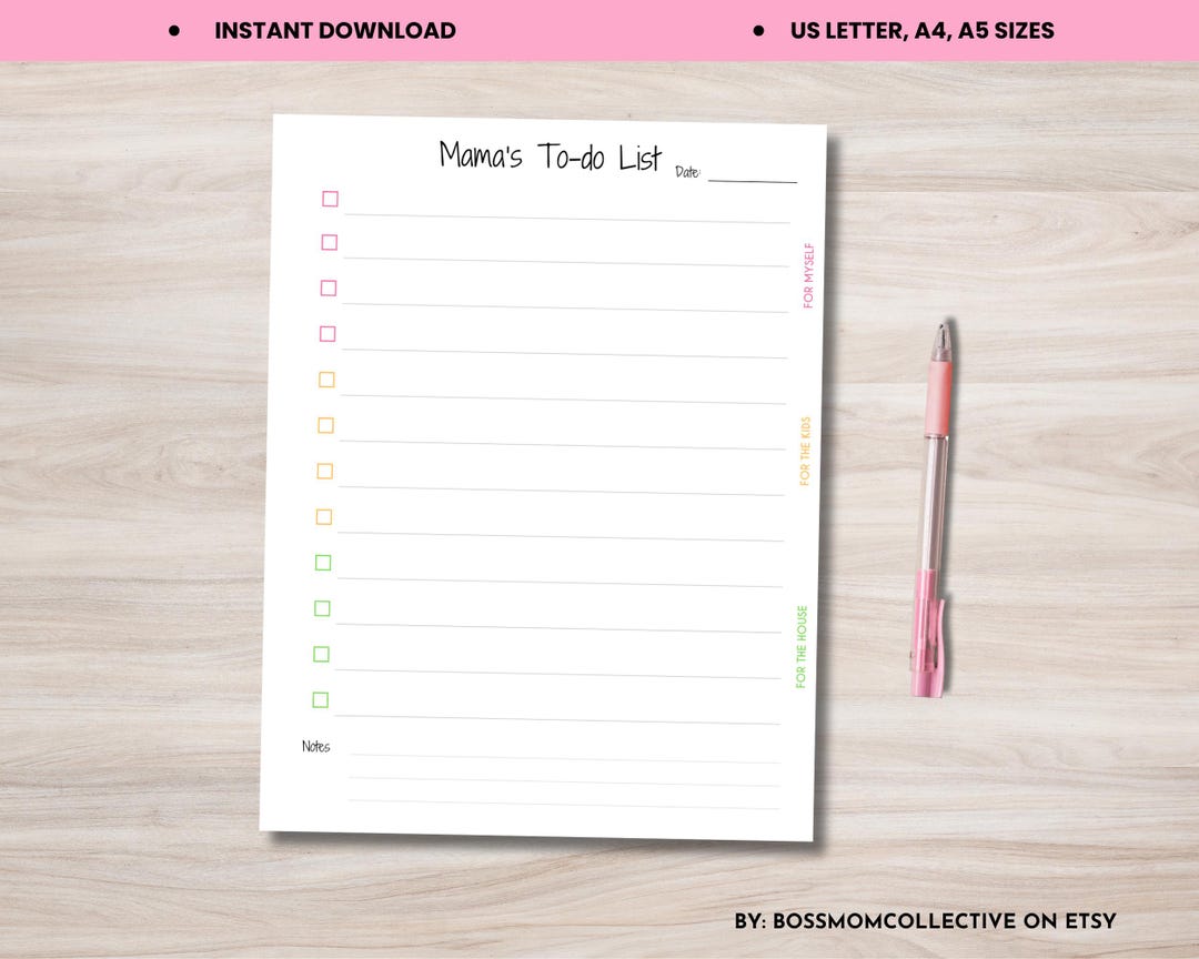 Printable To-do List for Moms | Daily Planner With 3 Categories: Myself ...
