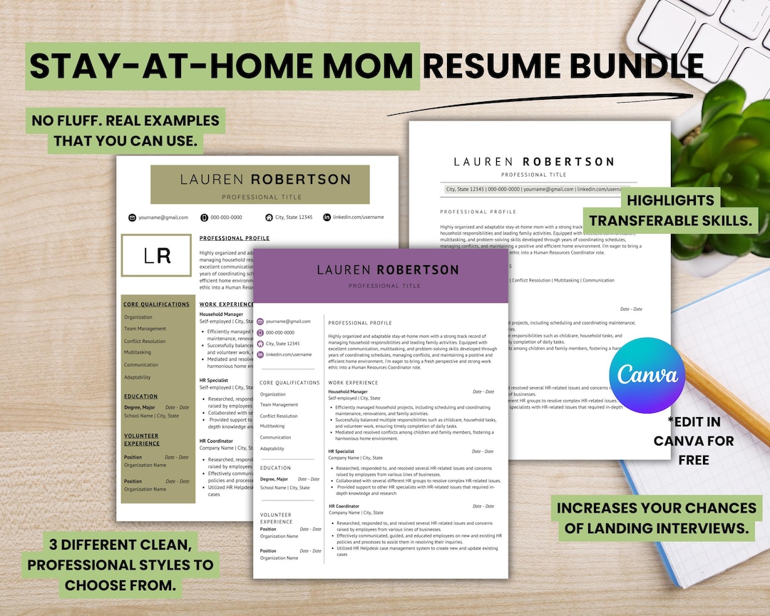 Stay-at-home Mom Resume Templates: Editable Canva Cover Letter (instant ...
