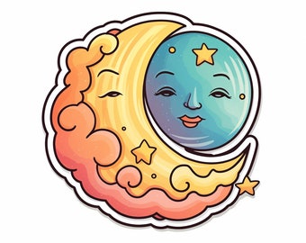 Fun and Colorful Sun X Moon Sticker Playful Fusion Decal for Celestial ...