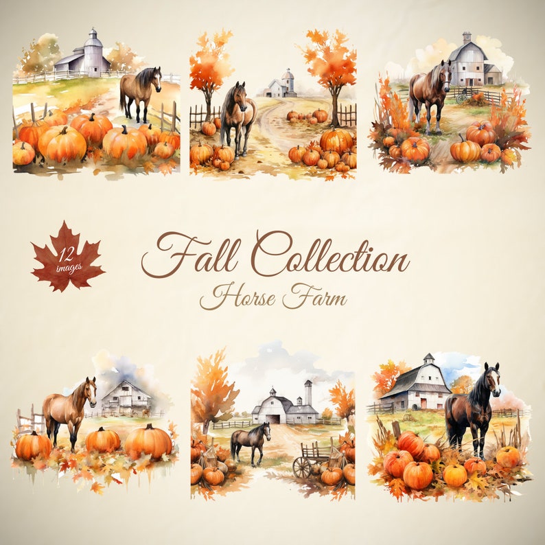 Watercolor Fall Clipart Horse Farm With Pumpkins Commercial Use PNG ...