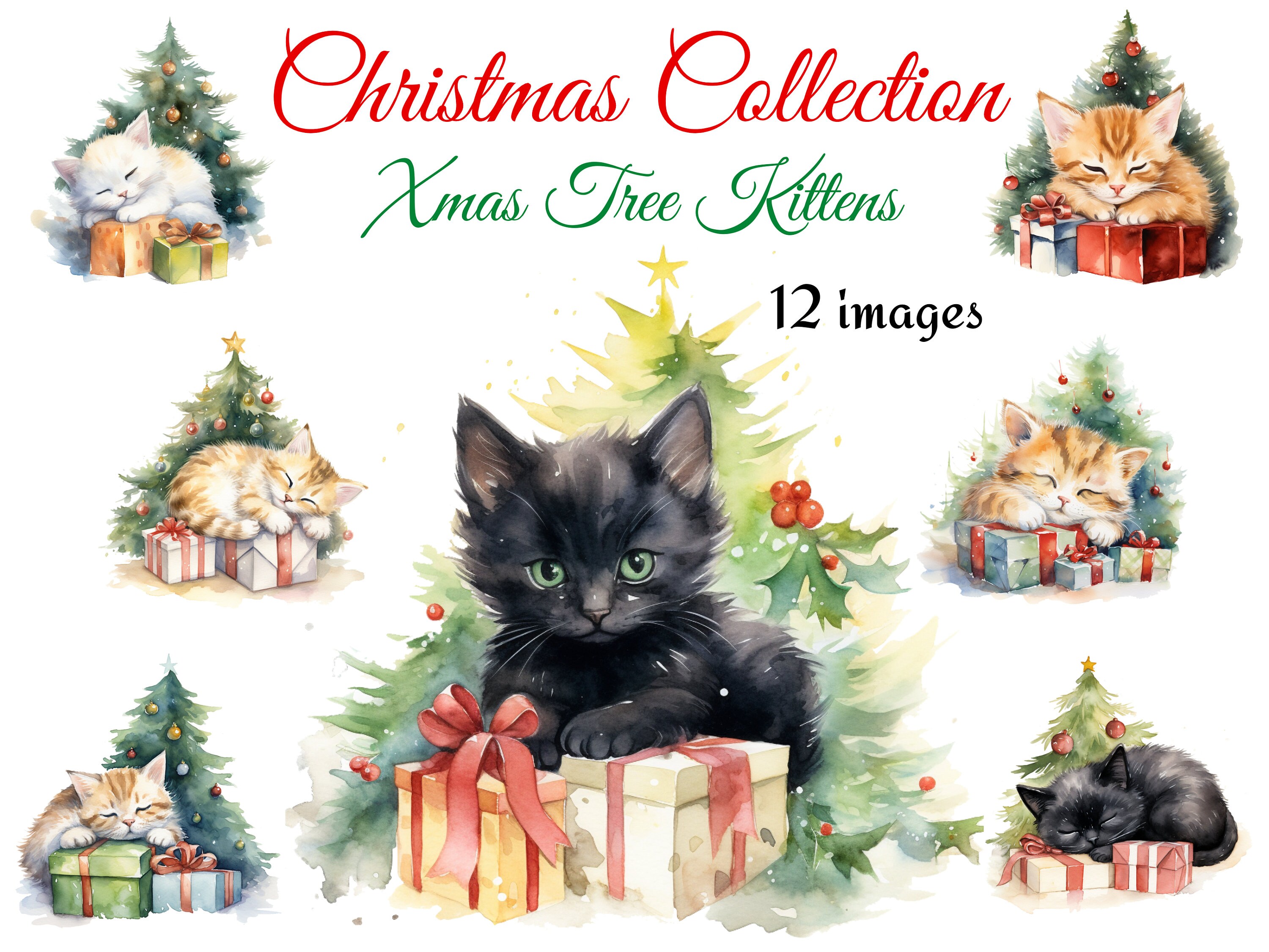 Watercolor Christmas Clipart Christmas Tree Kittens Presents - Etsy