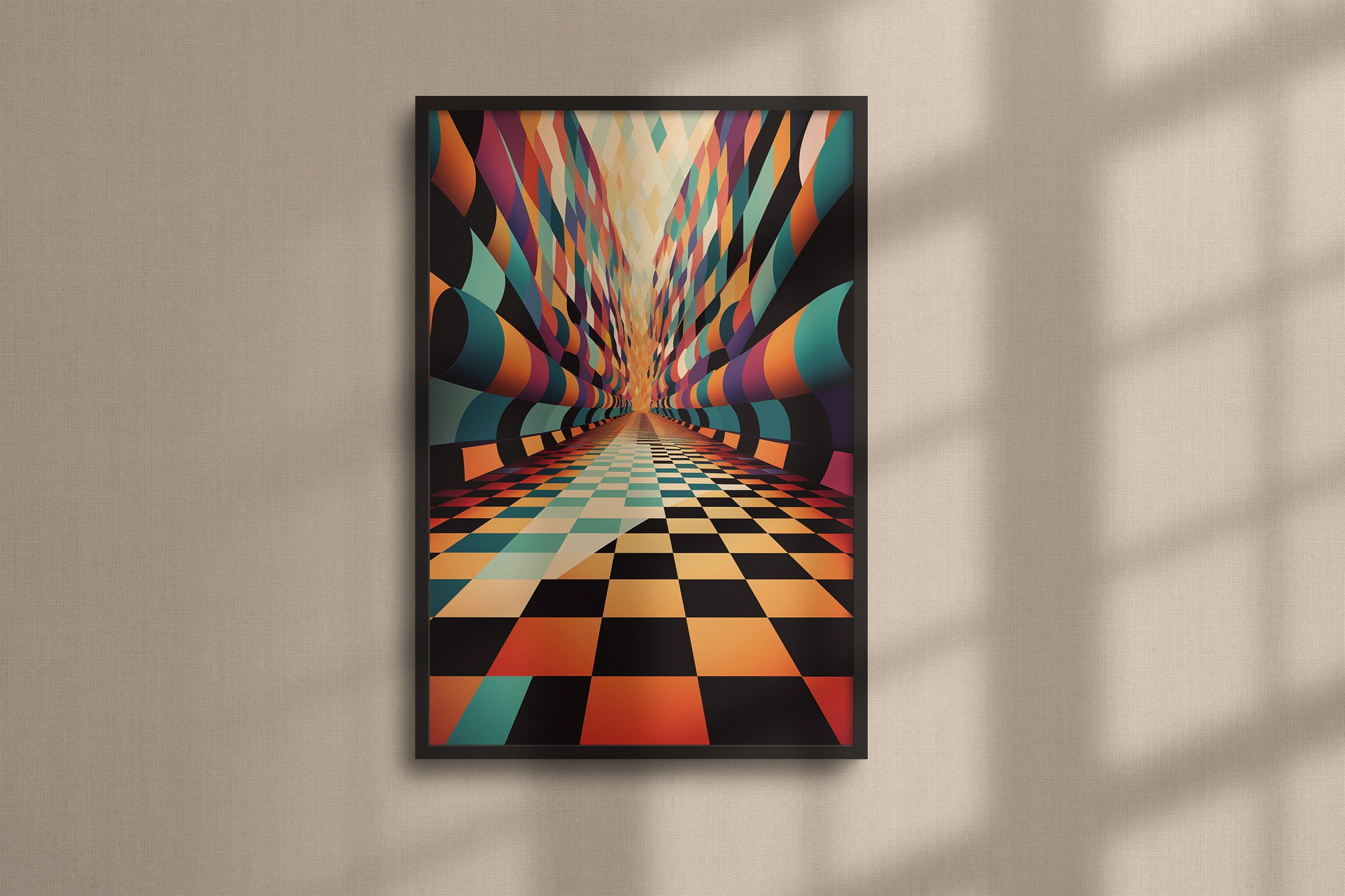 Escher Chessboard: Vibrant Minimalist Poster With Geometric Optical ...