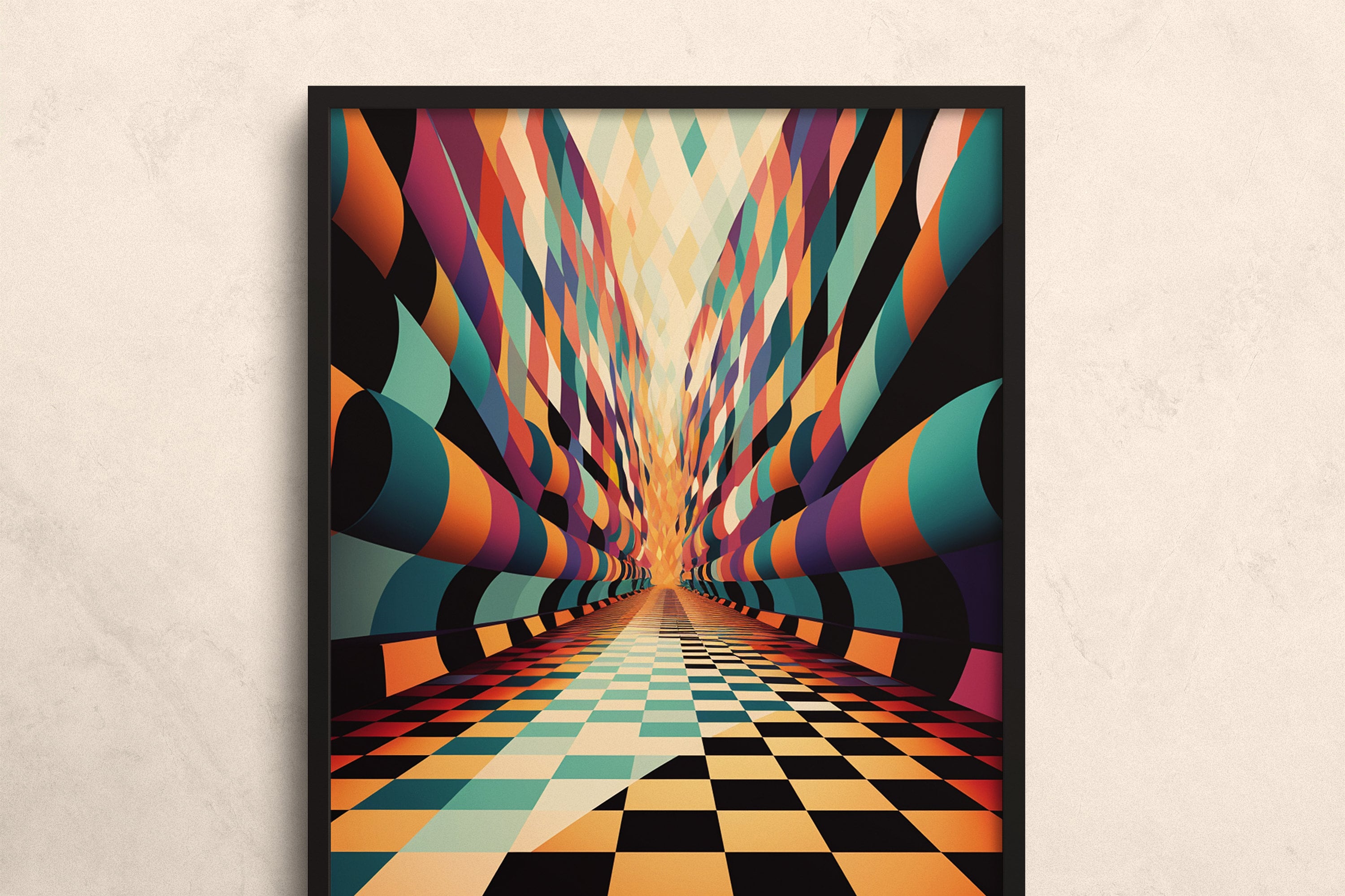 Escher Chessboard: Vibrant Minimalist Poster With Geometric Optical ...