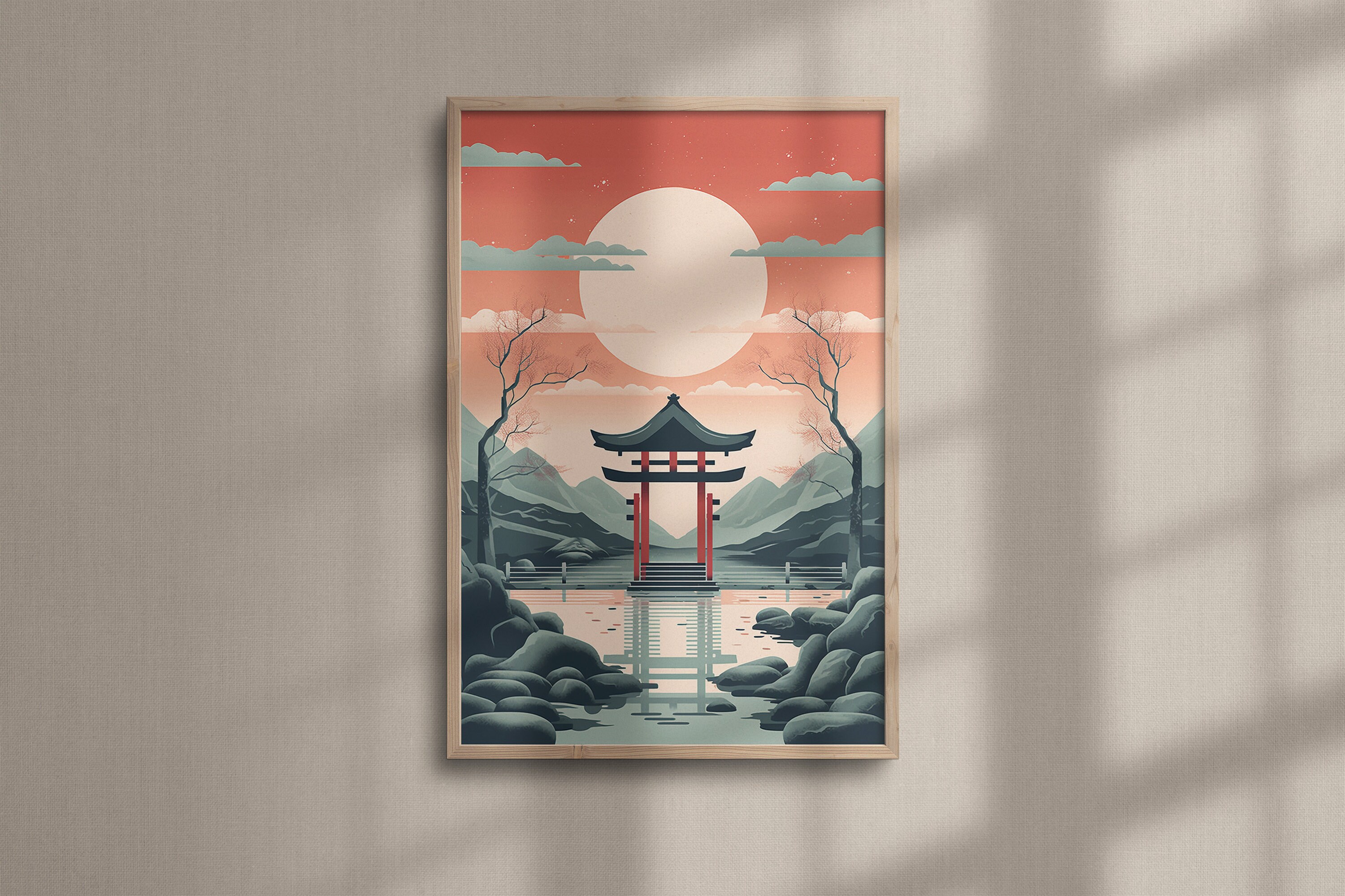 Pastel Shinto Shrine Ukiyo-e Style Poster, Scandinavian Minimalist Wall ...