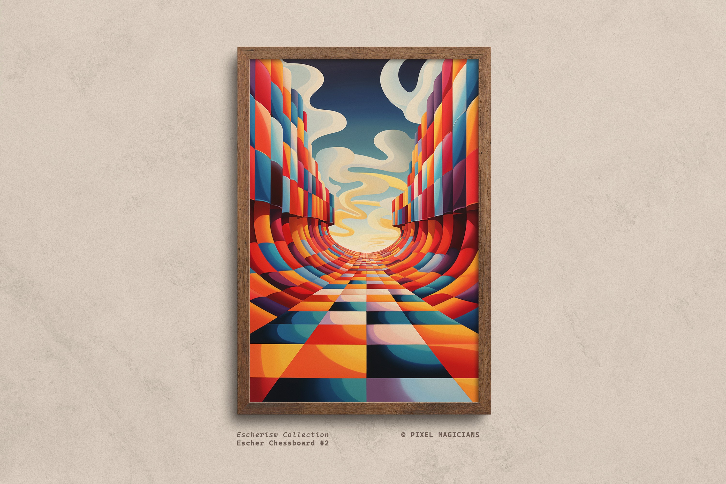 Escher Chessboard 2: Vibrant Minimalist Poster With Geometric Optical ...