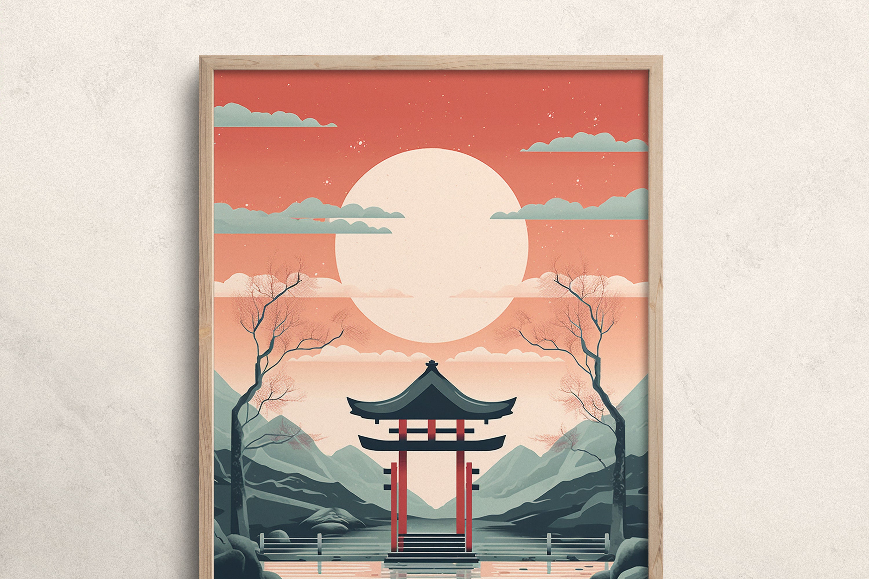 Pastel Shinto Shrine Ukiyo-e Style Poster, Scandinavian Minimalist Wall ...