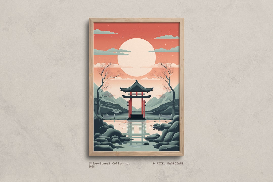 Pastel Shinto Shrine Ukiyo-e Style Poster, Scandinavian Minimalist Wall ...