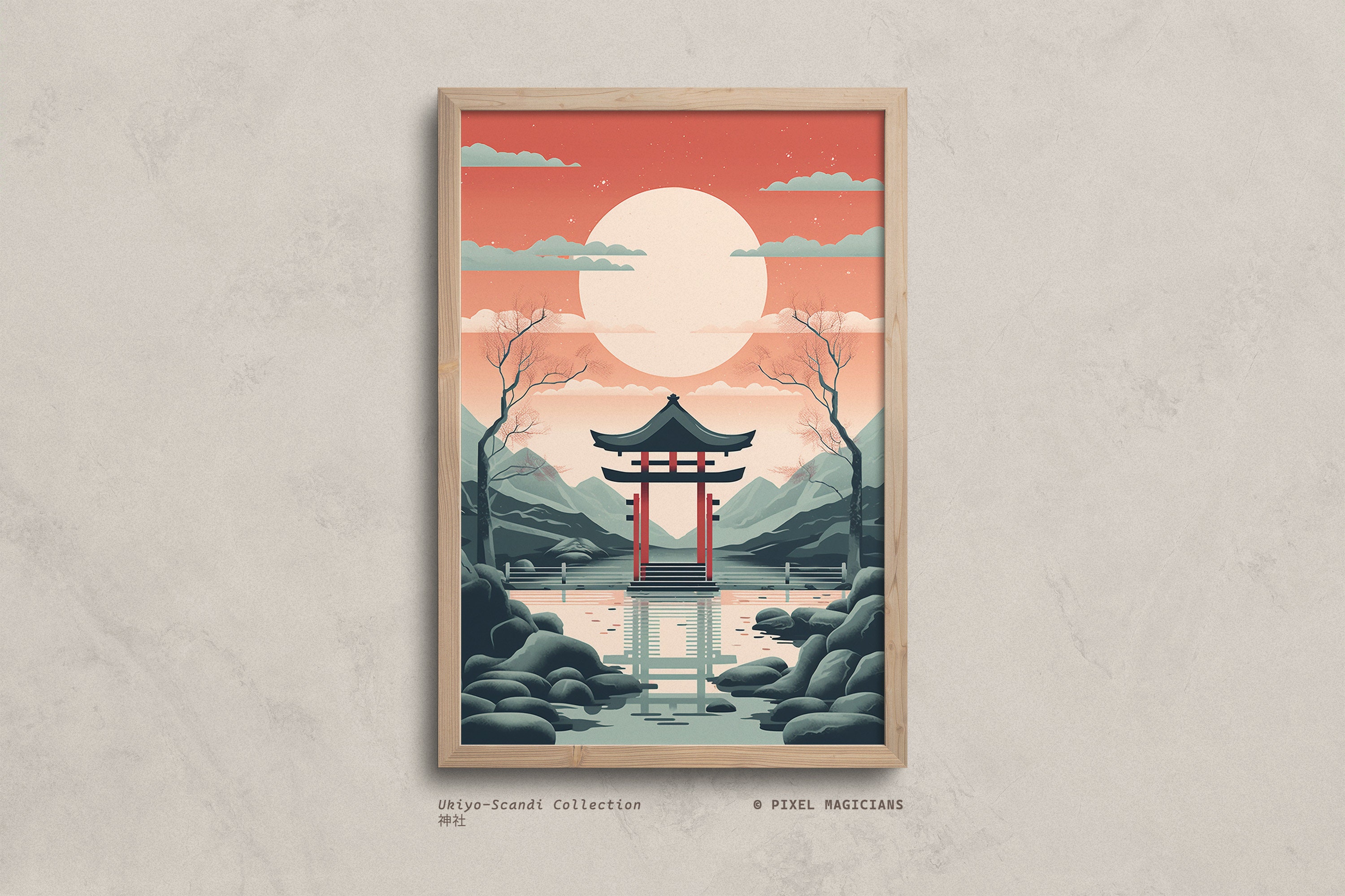 Pastel Shinto Shrine Ukiyo-e Style Poster, Scandinavian Minimalist Wall ...