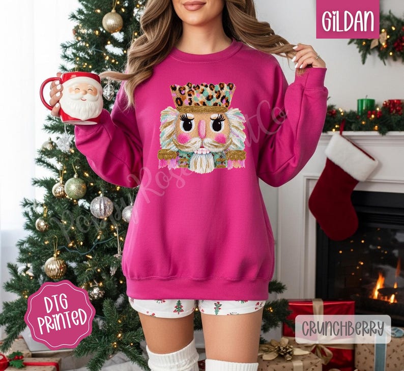 Preppy Nutcracker Faux Latch Hook Sweatshirt, Trendy Women's Christmas Crewneck, Leopard ...