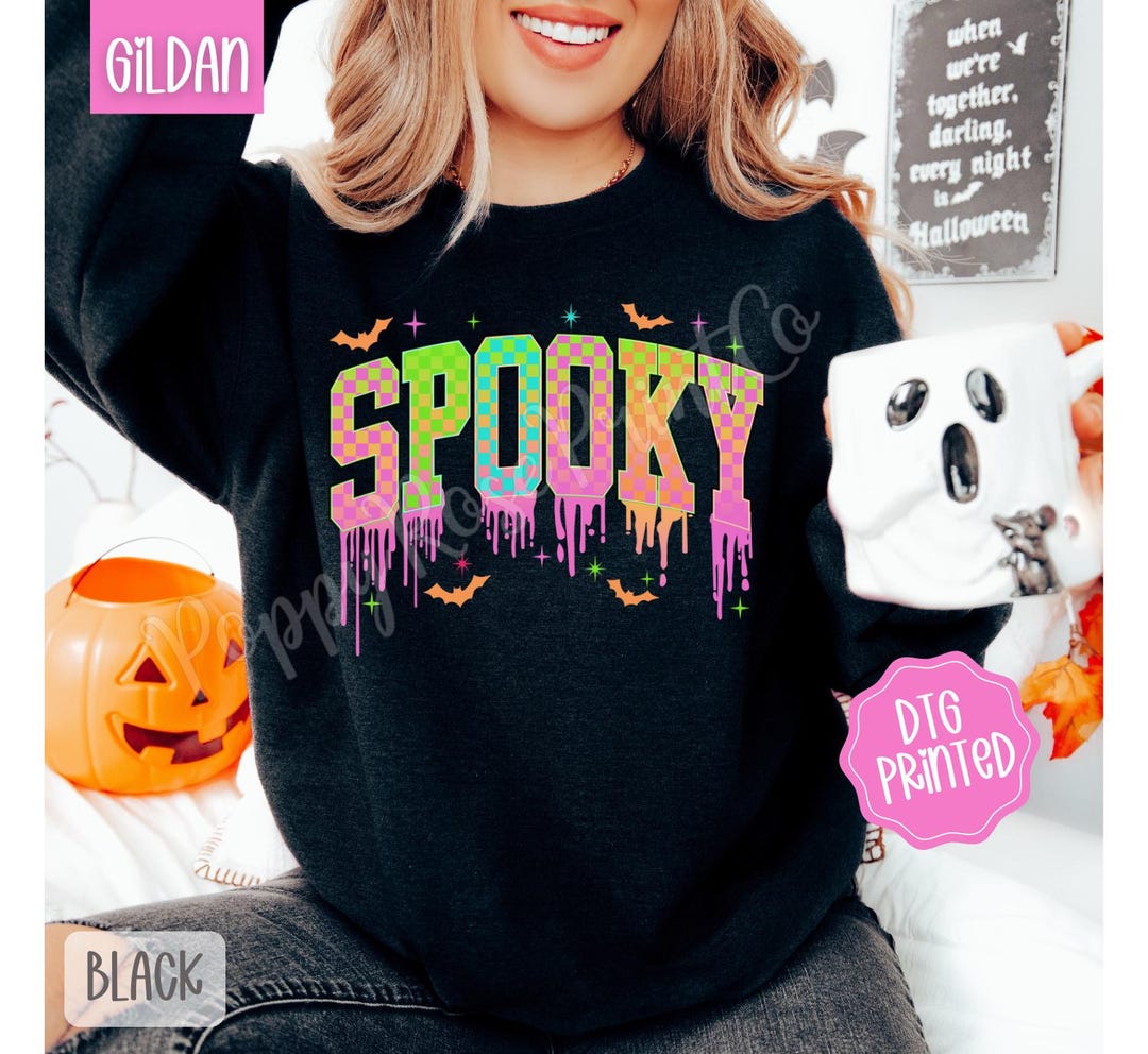 Neon Spooky Sweatshirt, Trendy Women's Halloween Crewneck, Neon Ghost ...