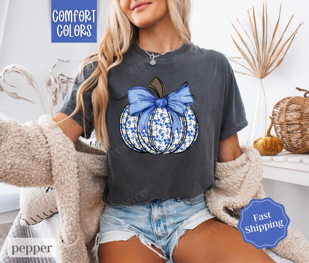 Blue Floral Pumpkin Shirt Comfort Colors, Womens Fall Pumpkin Shirt ...