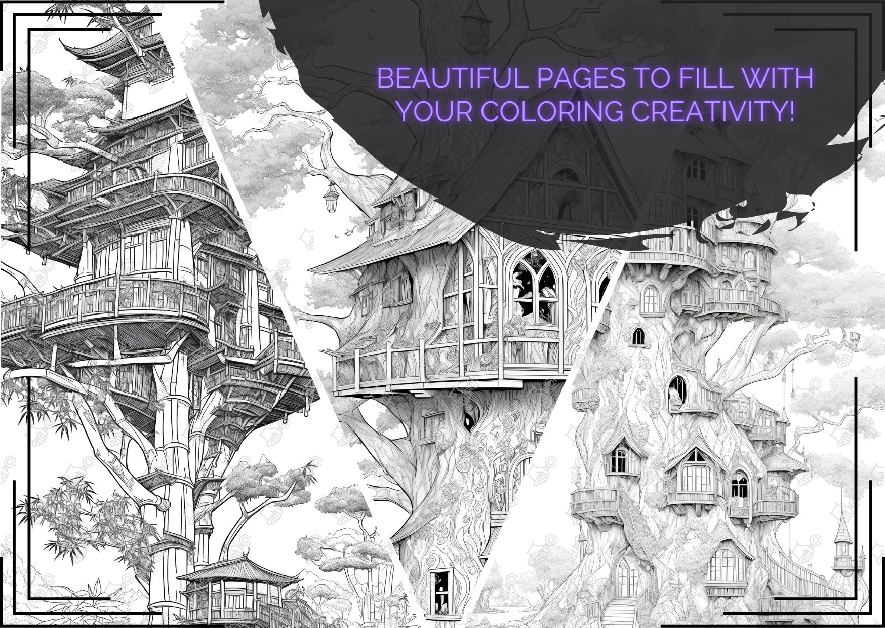 12 Magical Tree Houses Coloring Page, Adults + Kids- Instant Download ...