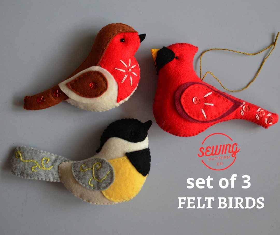 Felt Bird Sewing Patterns - Robin, Cardinal, Chickadee Set - DIY ...