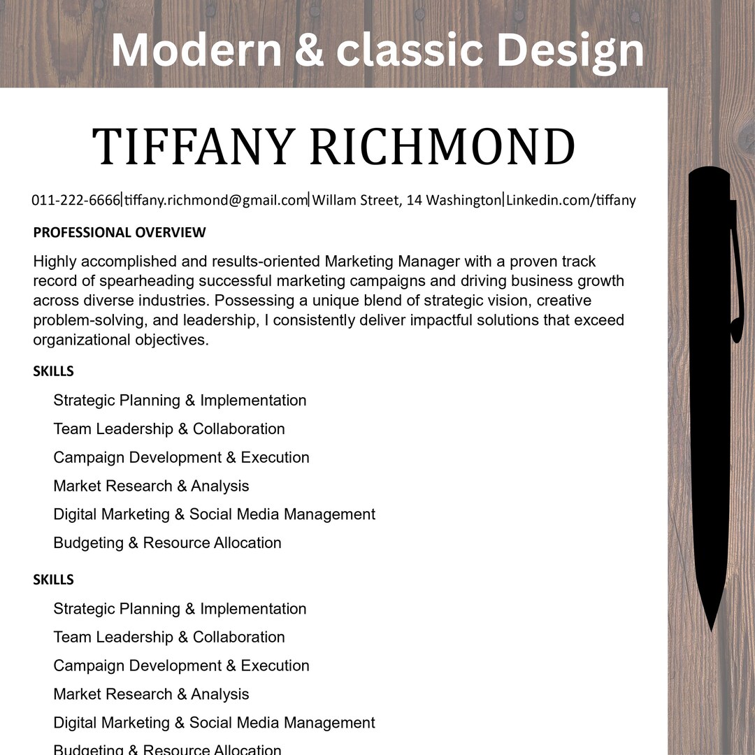 Classic Resume Template Word Ats Friendly Cv Google Docs 1 Page Resume ...