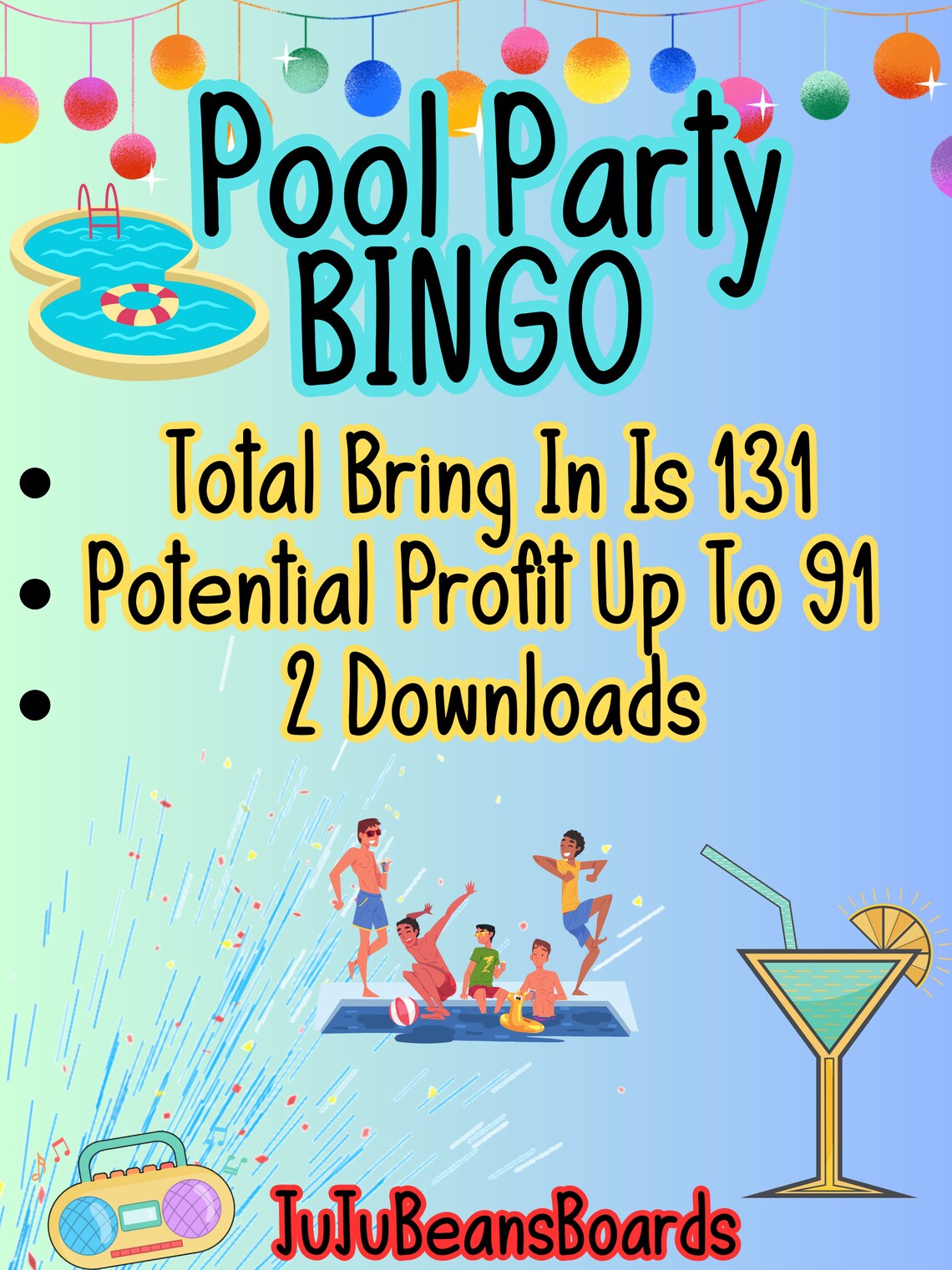 Pool Party 125 WTA 15 Line Bingo Board, 125 in Each Row - Etsy
