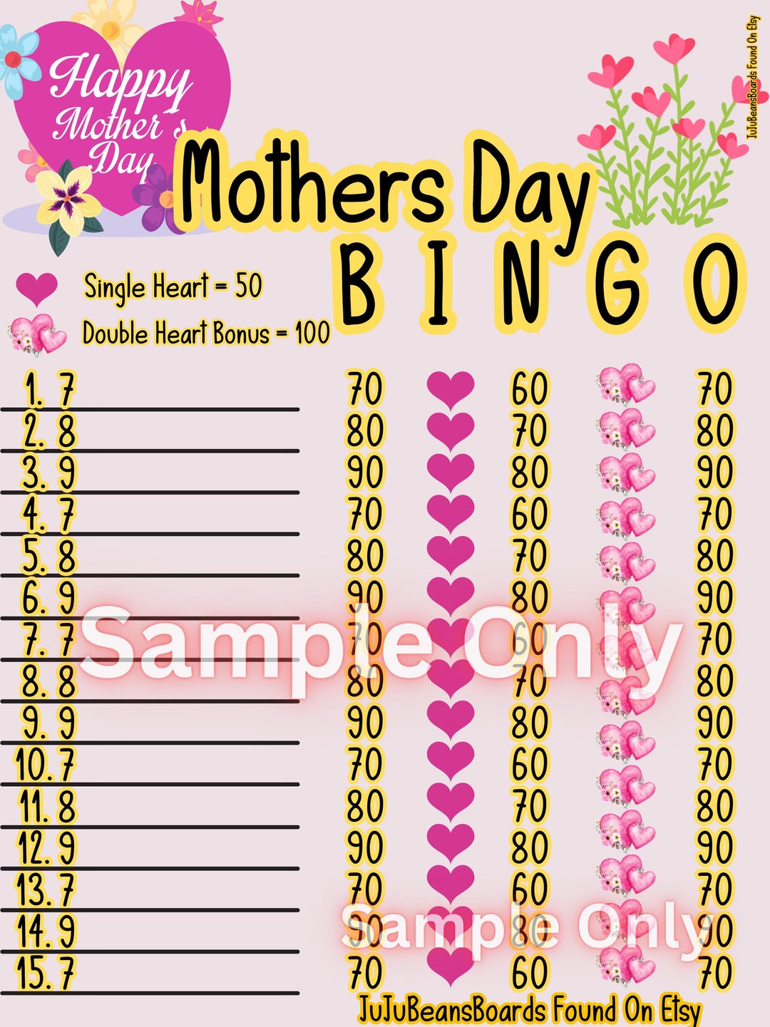 Happy Mothers Day 15 Line Bingo Board, 100 in Each Row Bingo - Etsy
