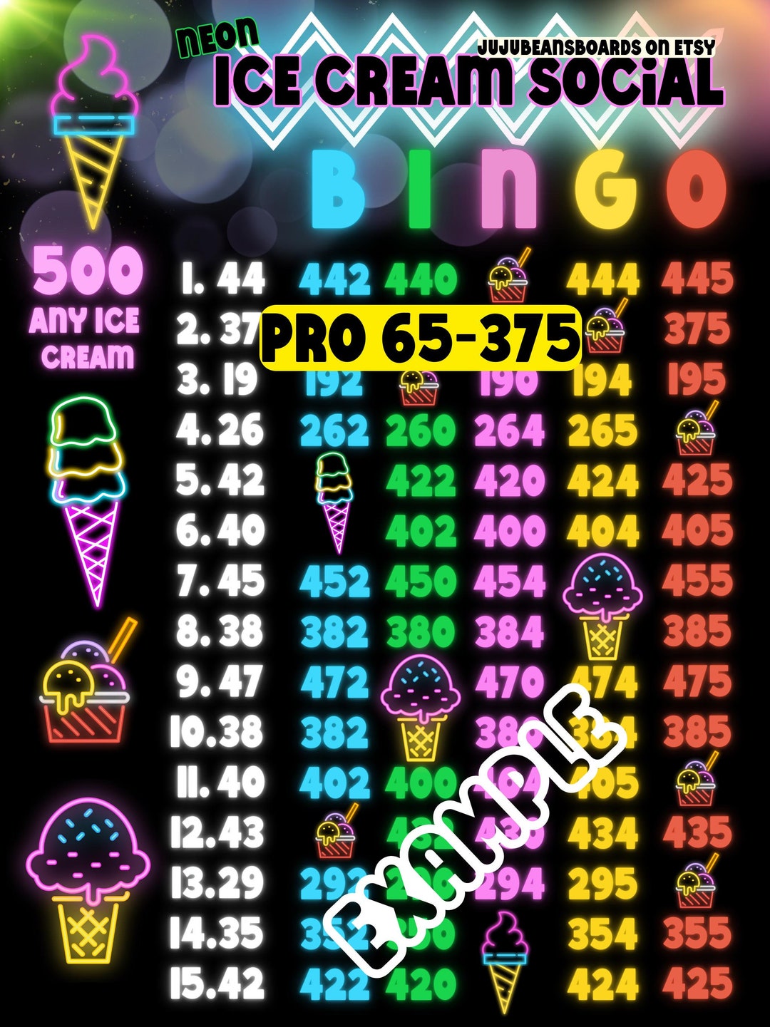 500 in Each Row High Roller Neon Glow 15 Line Bingo Board, HR Pro Bingo ...