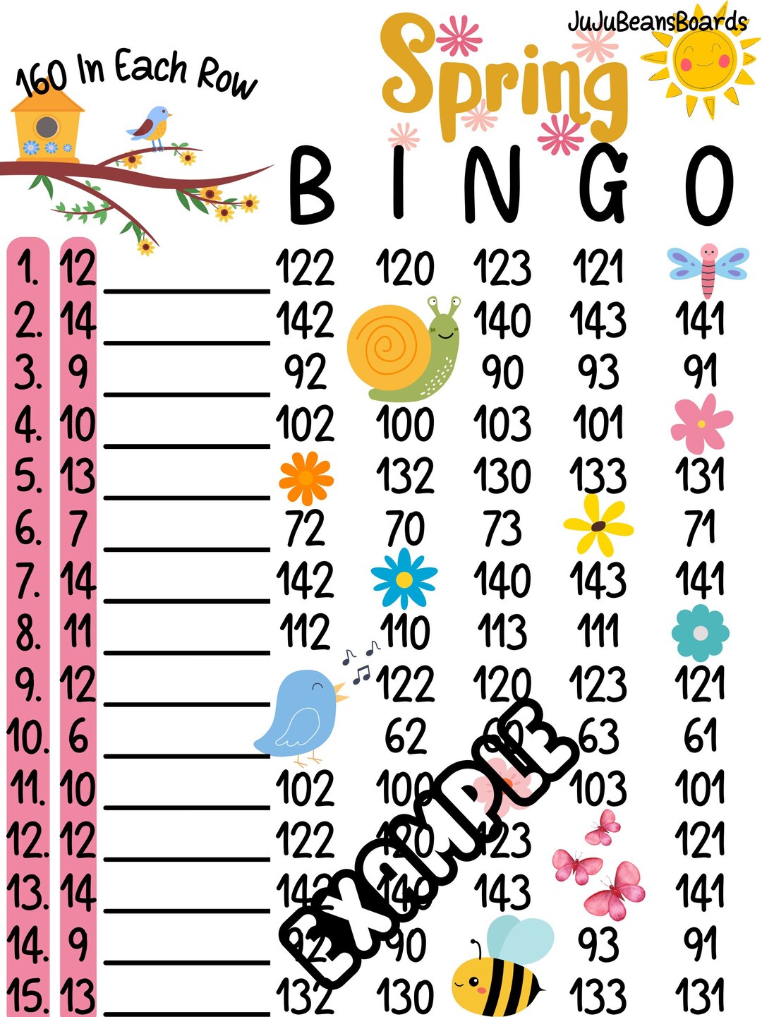 160 Pro PYP 15 Line Bingo Board, 160 in Each Row, Spring Time Bingo - Etsy