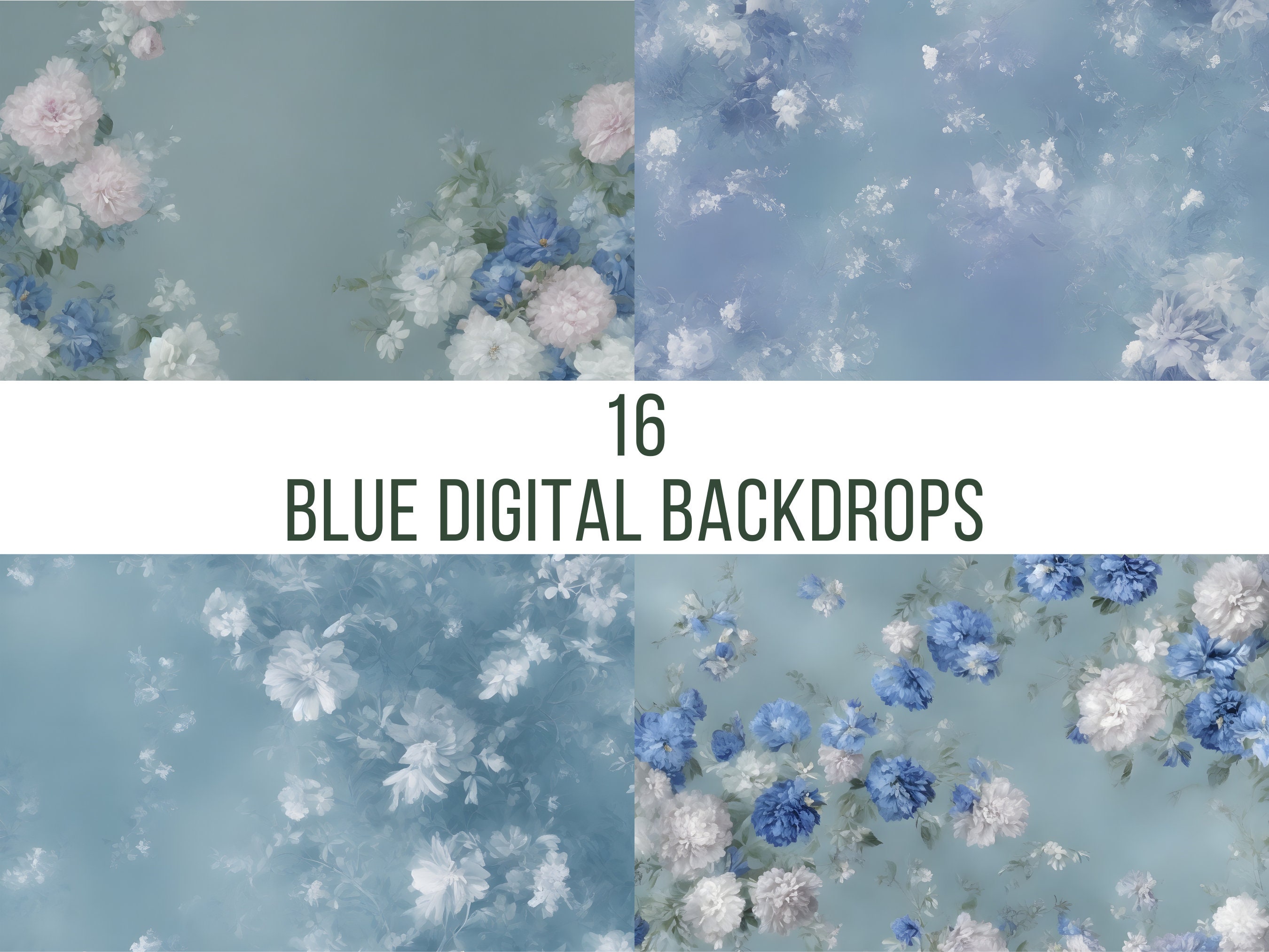 16 Blue Floral Fine Art Floral Digital Backdrops Maternity Backdrop ...