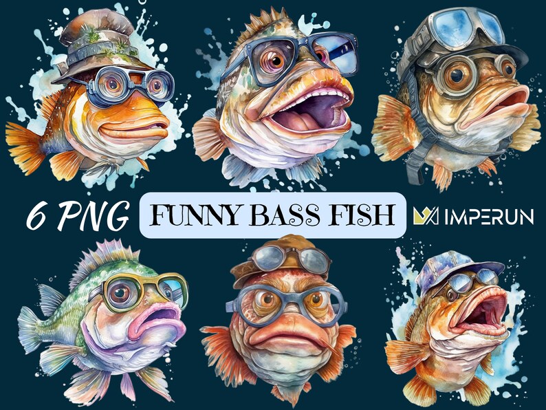 Bass Fish, Funny Fish Clipart, Watercolour Perch PNG, Fishing, Digital ...