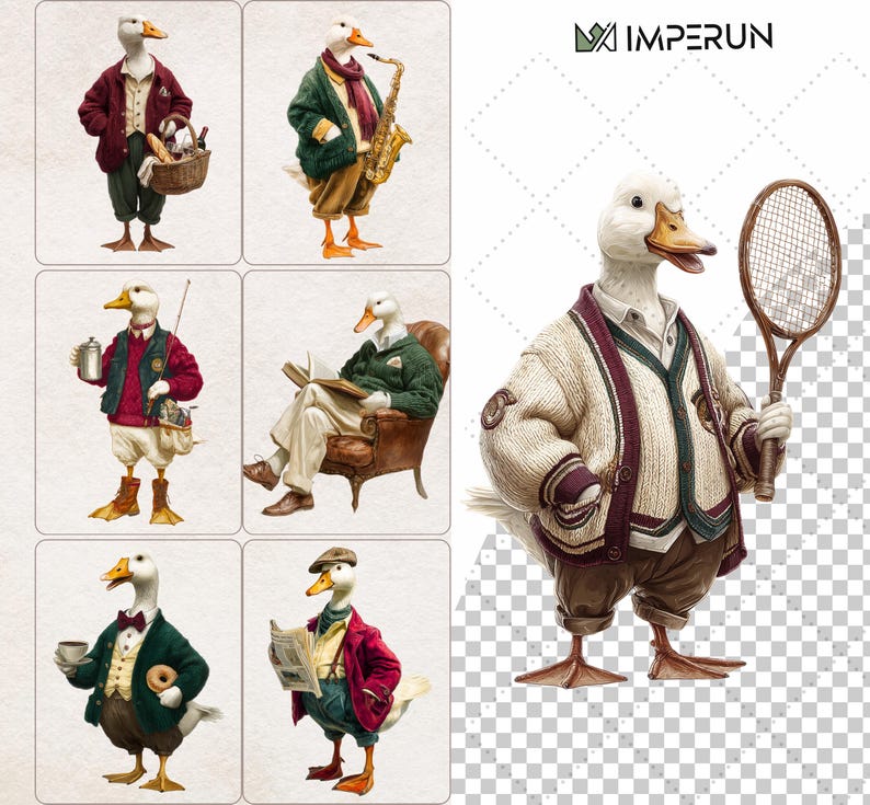 Vintage Dandy Ducks Clipart – 14 PNG Anthropomorphic Illustrations ...