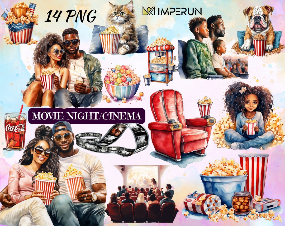 Movie Night Clipart Set – Afro-american Movie Theme PNG, Cinema Night ...
