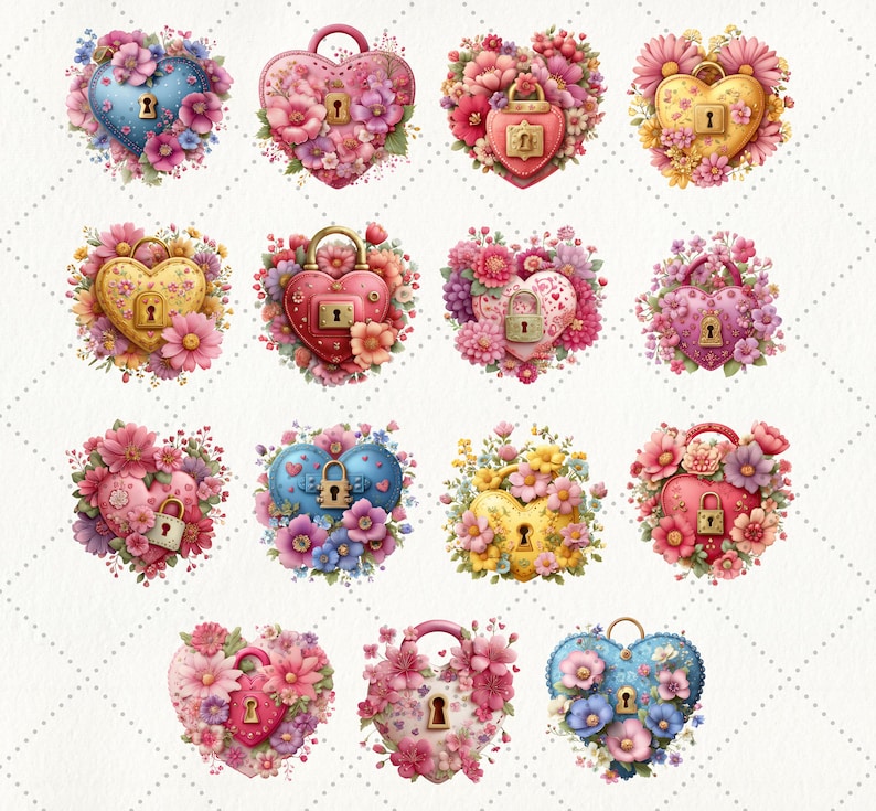 Floral Heart Lock Clipart 15 PNG, Valentines Day Love, Romantic Padlock ...