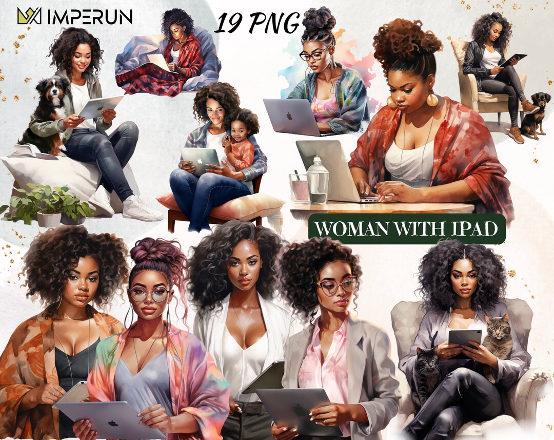 Watercolor Black Girl With Laptop Clipart, Women With Ipad, Afro ...
