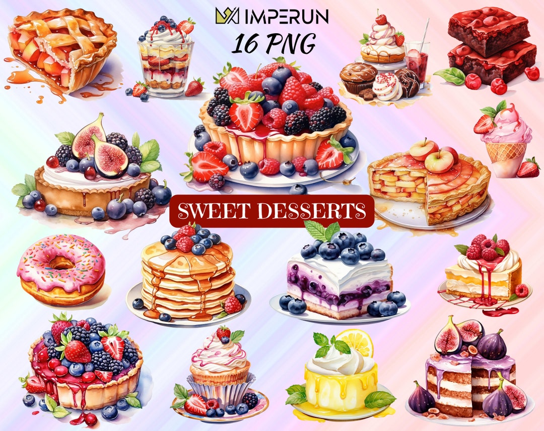 Sweet Dessert, Watercolor Clipart Bundle, PNG Illustrations, Sweet ...